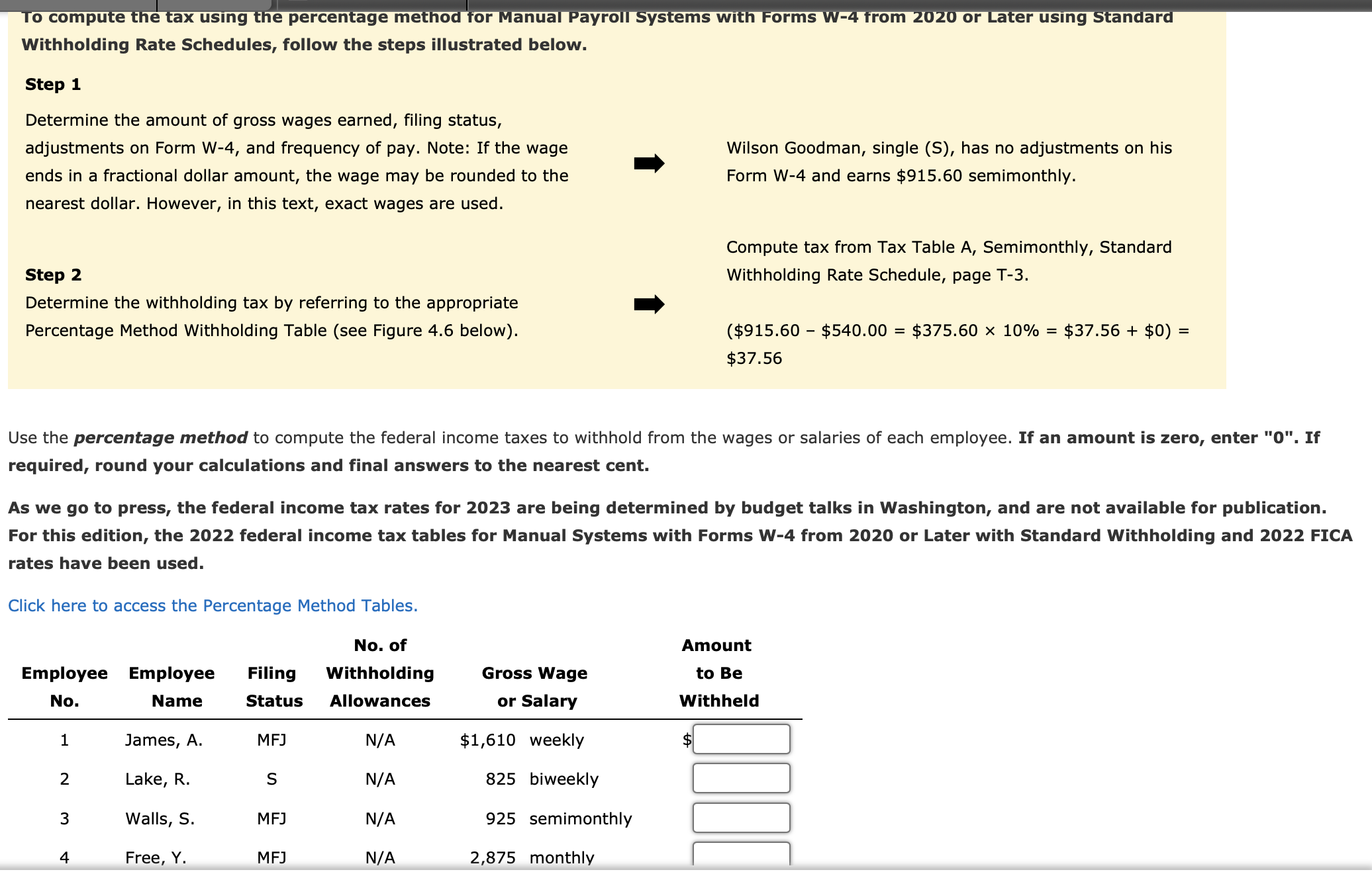 Solved 2022 Percentage Method Tables for Manual Payroll | Chegg.com
