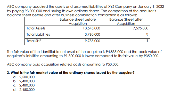 Solved ABC company acquired the assets and assumed | Chegg.com