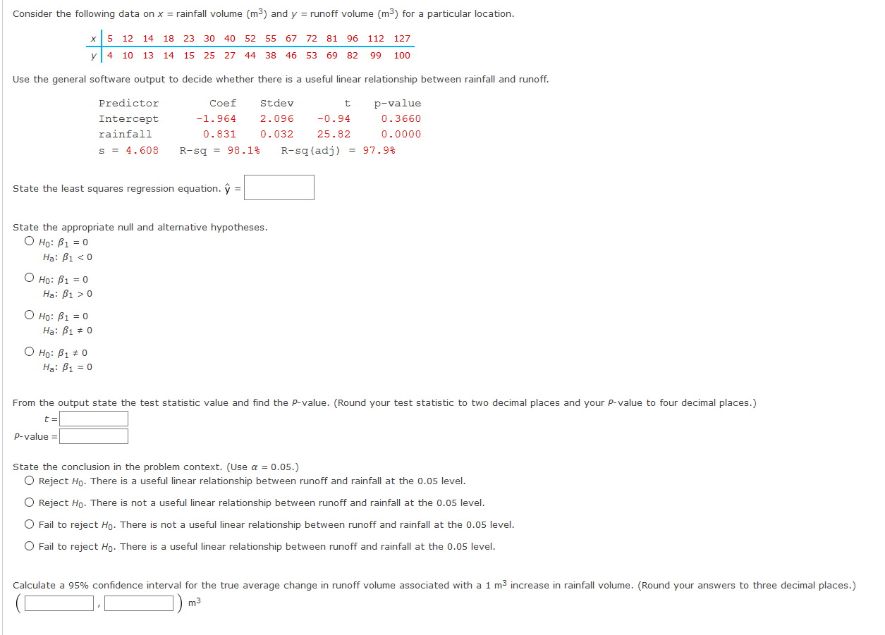 Solved Consider the following data on x = rainfall volume | Chegg.com