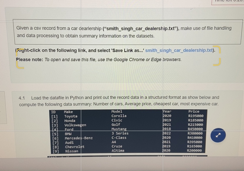 Solved Given a csv record from a car dearlership | Chegg.com