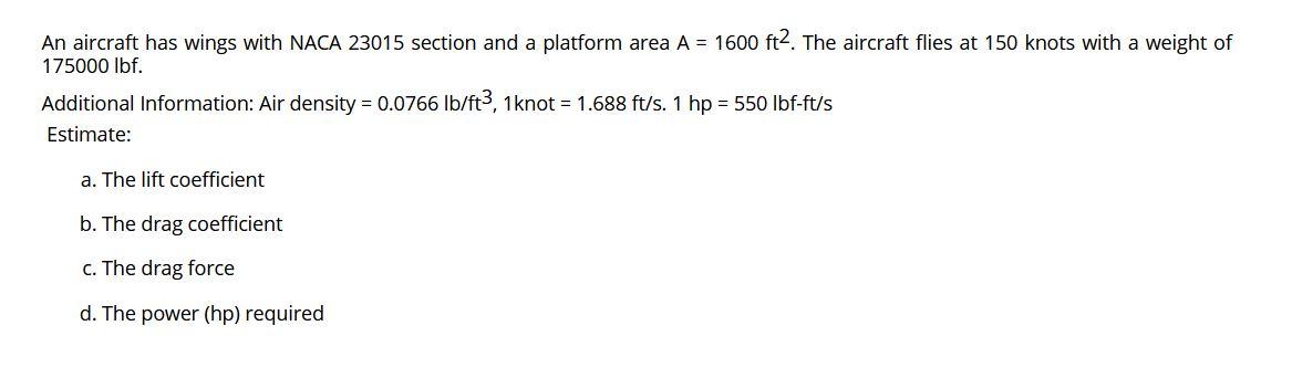 Solved An aircraft has wings with NACA 23015 section and a | Chegg.com