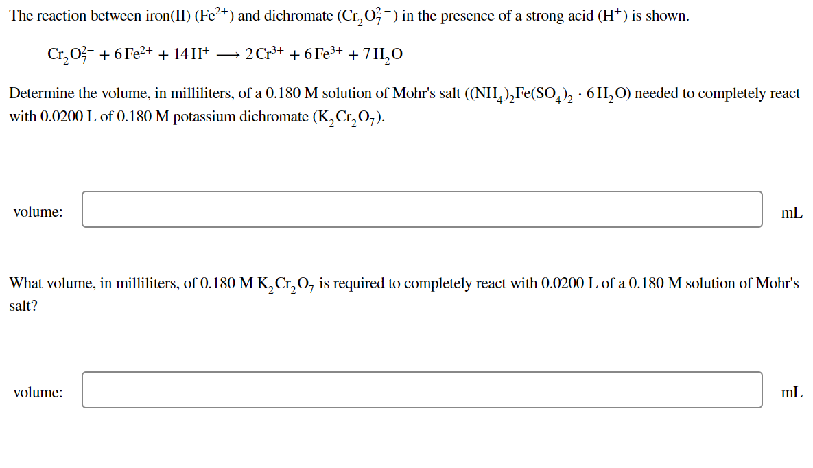 Solved The reaction between iron(II) (Fe2+) and dichromate | Chegg.com