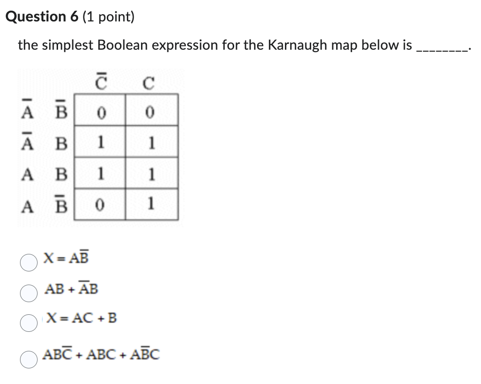 Solved the simplest Boolean expression for the Karnaugh map | Chegg.com Solved the simplest Boolean expression for the Karnaugh map | Chegg.com