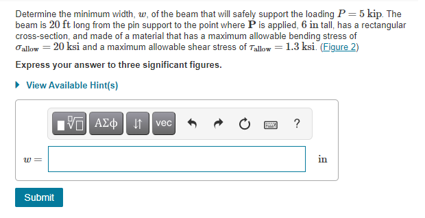 Solved Determine the minimum width, w, of the beam that will | Chegg.com