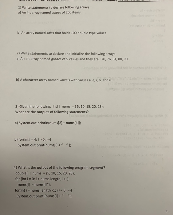 Solved 1) Write statements to declare following arrays a) An | Chegg.com