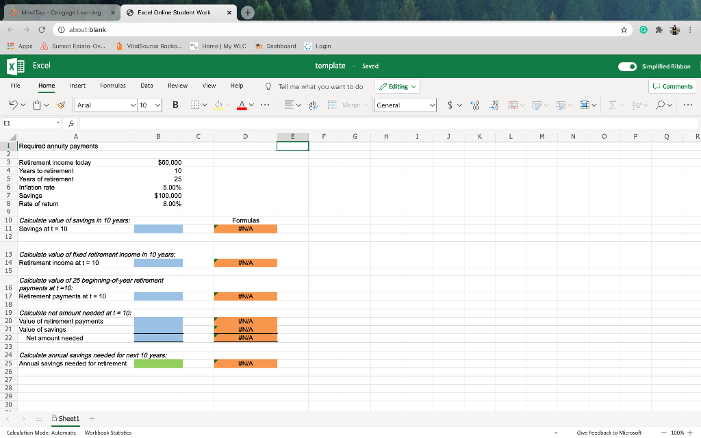 MindTap - Cengage Learning Excel Online Student Work | Chegg.com