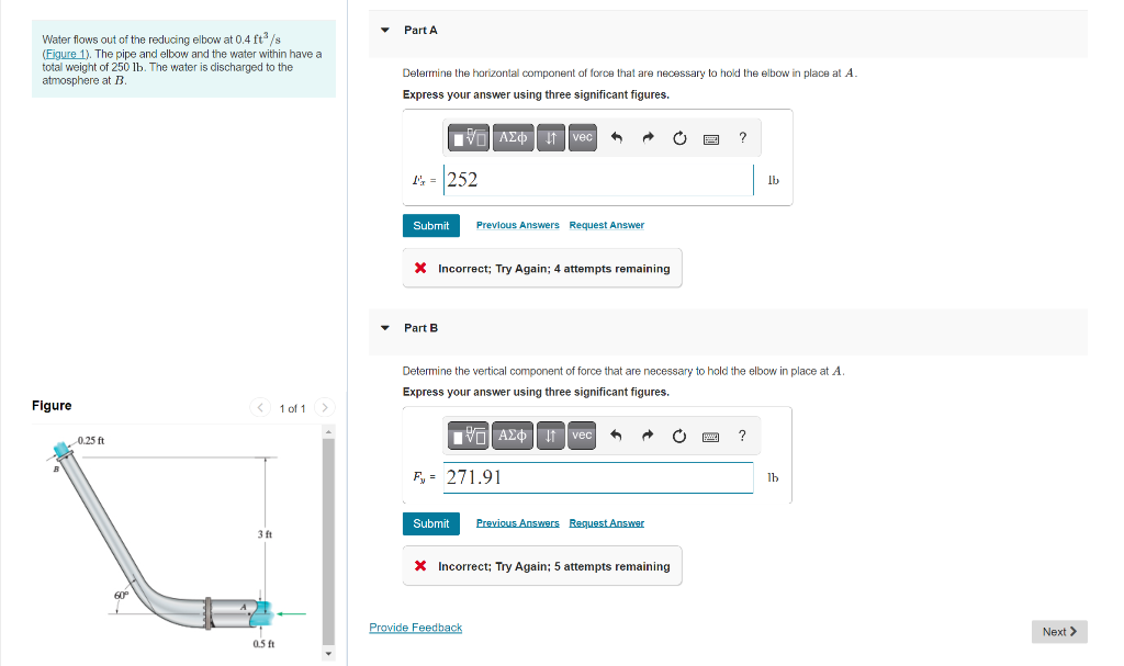 Solved Water flows out of the reducing elbow at 0.4ft3/s | Chegg.com