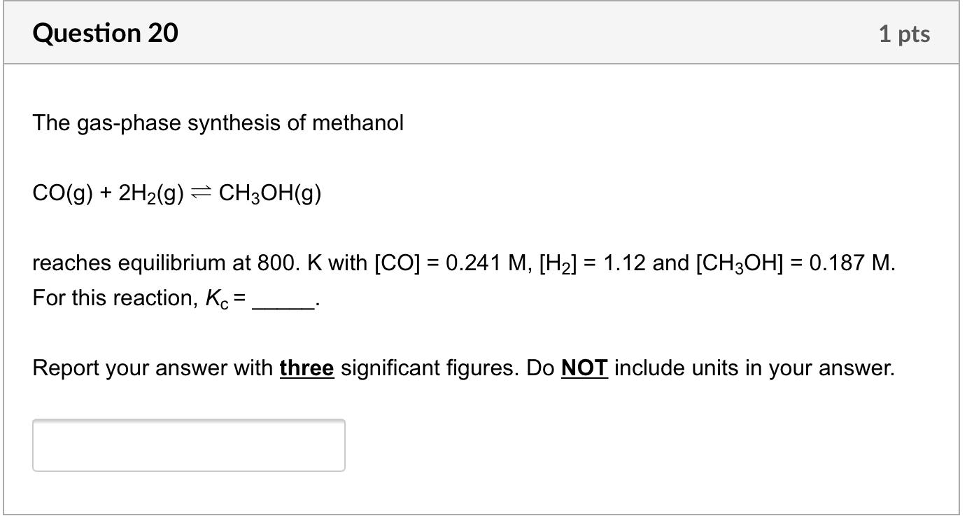 Solved Question 20 1 pts The gas-phase synthesis of methanol | Chegg.com