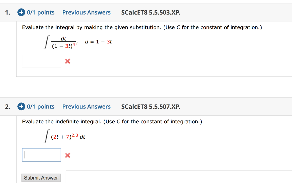 Solved + 0/1 points Previous Answers SCalcET8 5.5.503.XP. | Chegg.com