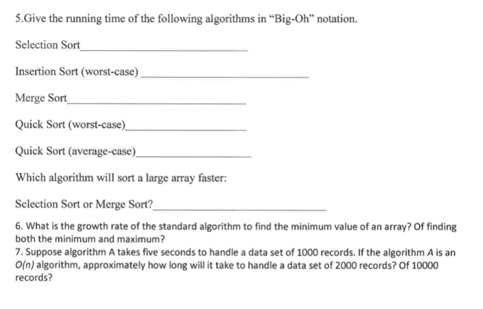 5.Give the running time of the following algorithms | Chegg.com