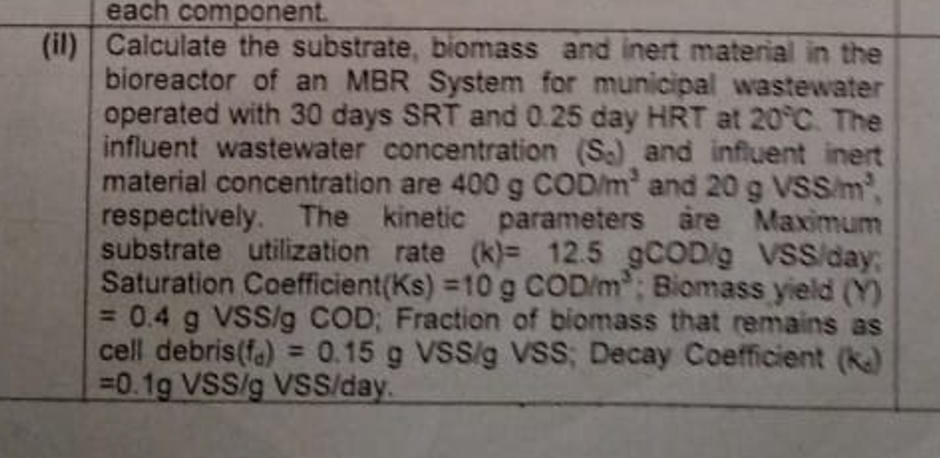 Solved each component.(ii) ﻿Calculate the substrate, biomass | Chegg.com