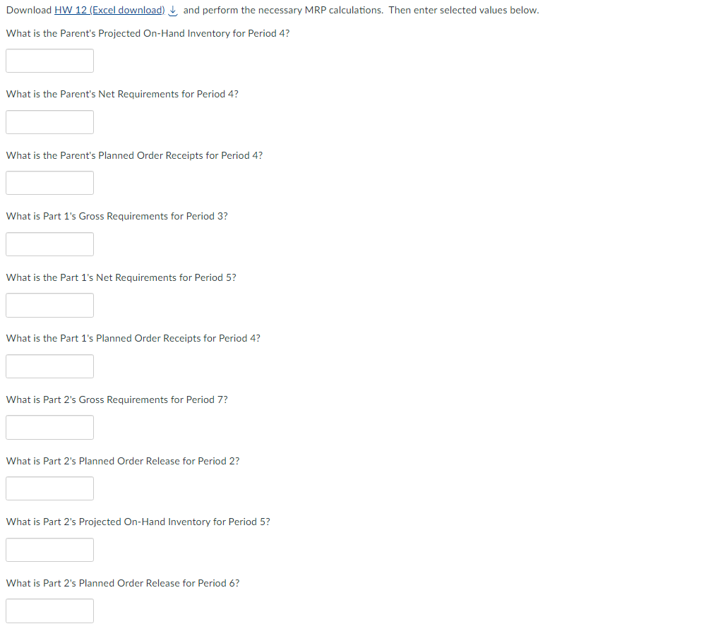 Solved Download HW 12 (Excel download) ↓ and perform the | Chegg.com