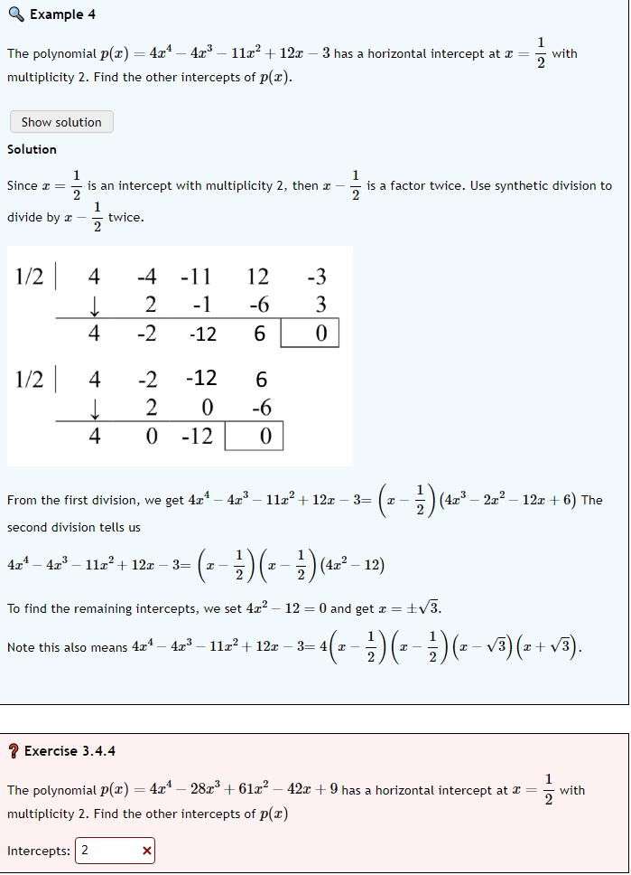 Solved Example 4The polynomial p(x)=4x4-4x3-11x2+12x-3 ﻿has | Chegg.com