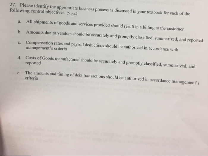 Solved 27. Please identify the appropriate business process | Chegg.com