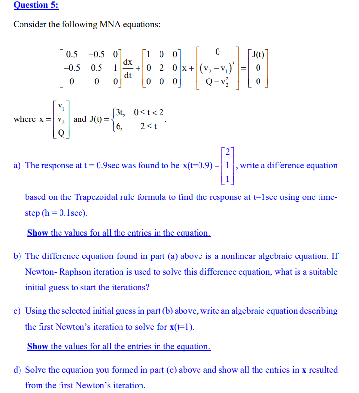 Question 5: Consider the following MNA equations: 0.5 | Chegg.com