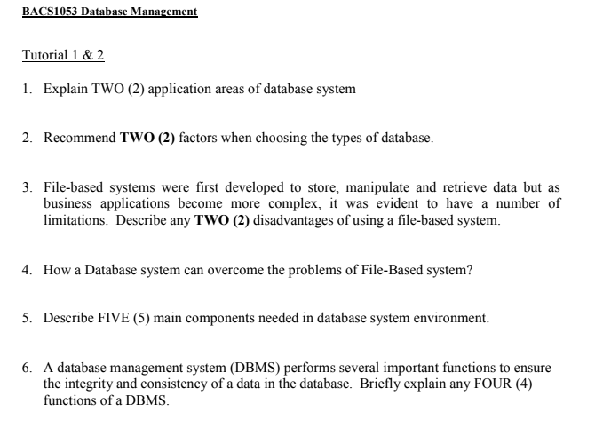 Solved BACS1053 Database Management Tutorial 1 & 2 1. | Chegg.com