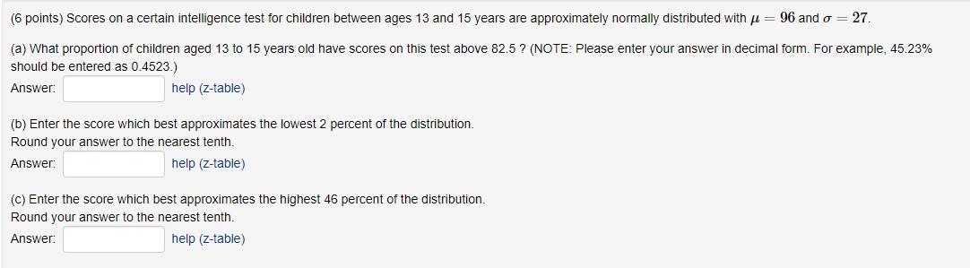 Solved (6 points) Scores on certain intelligence test for | Chegg.com