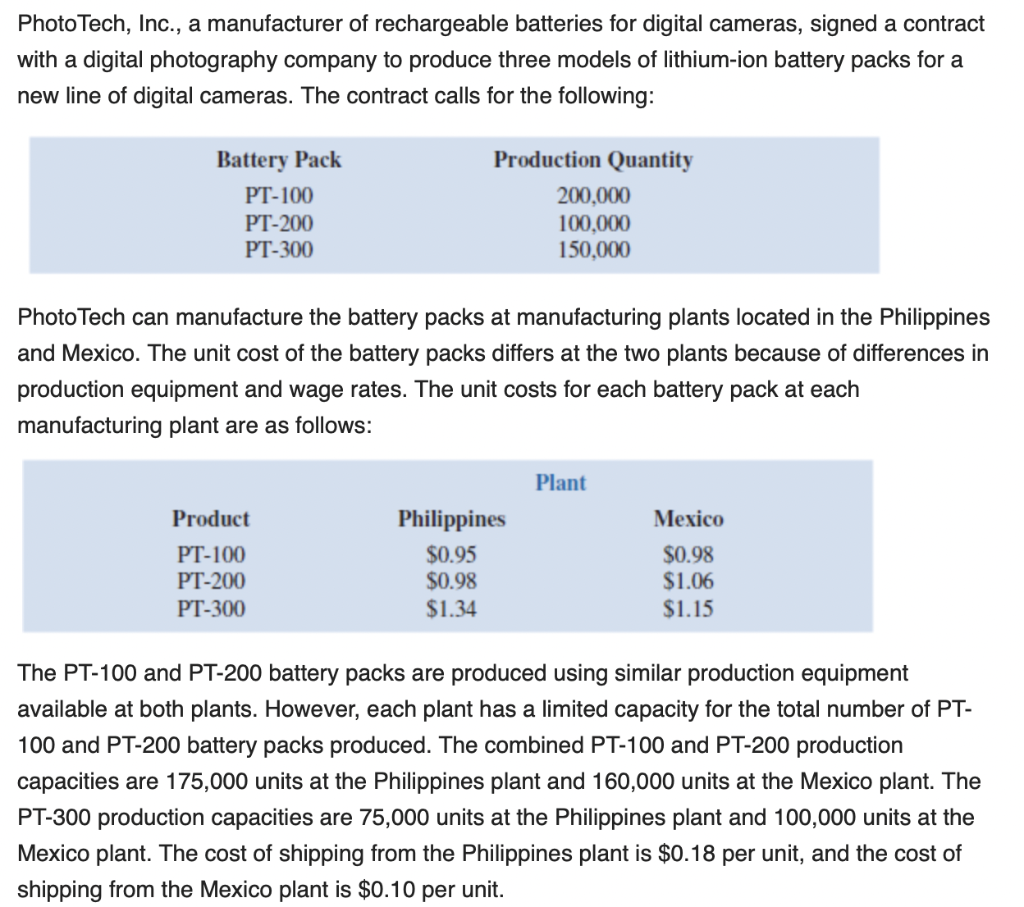 Solved Photo Tech, Inc., a manufacturer of rechargeable | Chegg.com