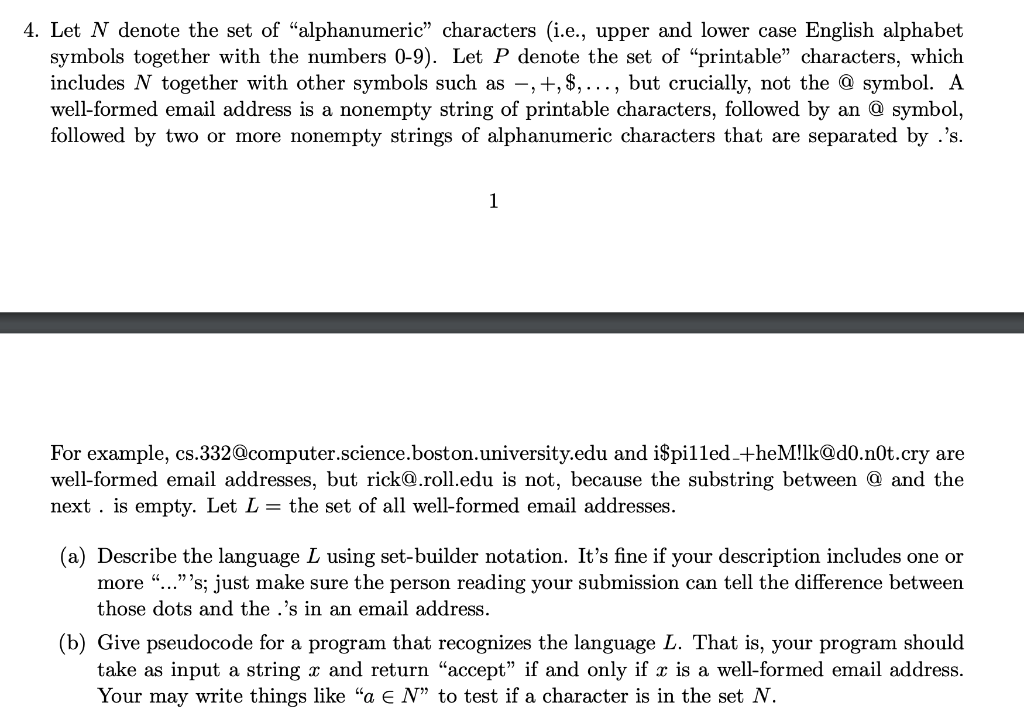 Solved 4. Let N denote the set of "alphanumeric" characters | Chegg.com