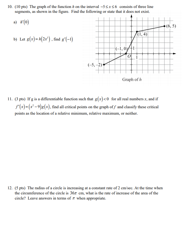 Solved 10. (10 pts) The graph of the function h on the | Chegg.com