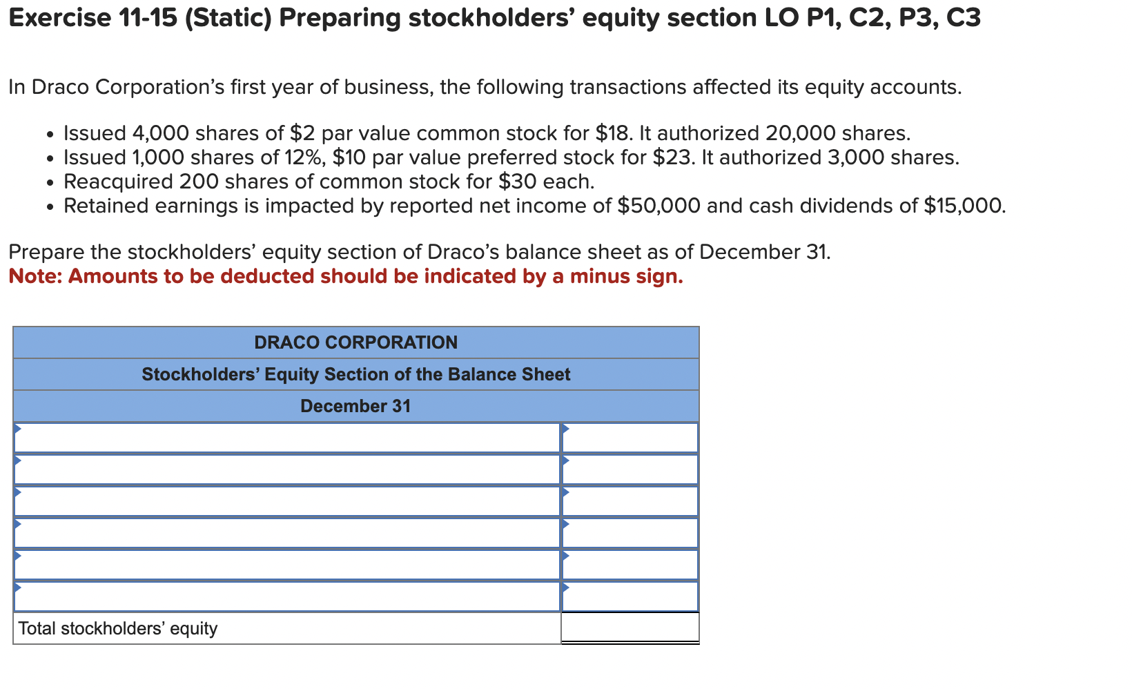 Solved Exercise 11-15 (Static) Preparing stockholders' | Chegg.com