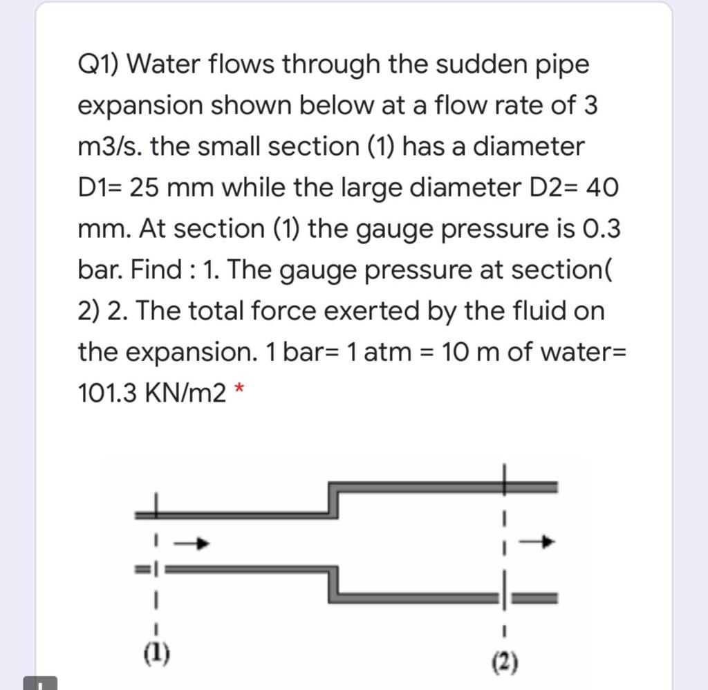 Solved Q1) Water flows through the sudden pipe expansion | Chegg.com