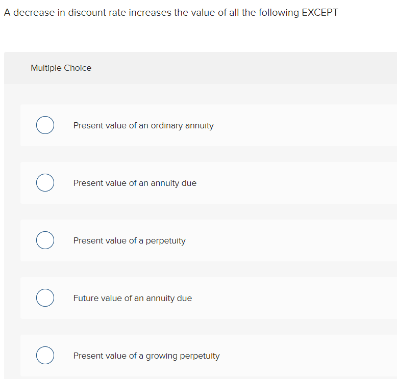 Solved A decrease in discount rate increases the value of | Chegg.com