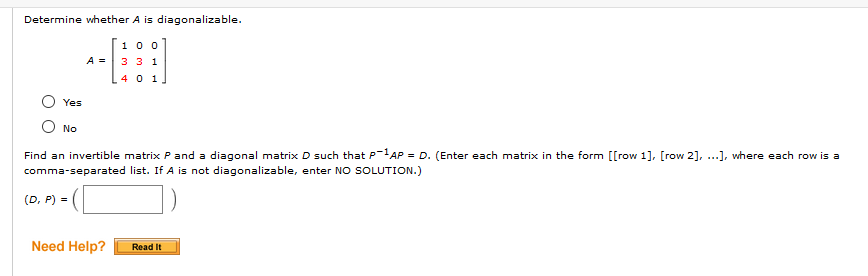 Solved Determine whether A is diagonalizable. 100 A = 3 3 1 | Chegg.com