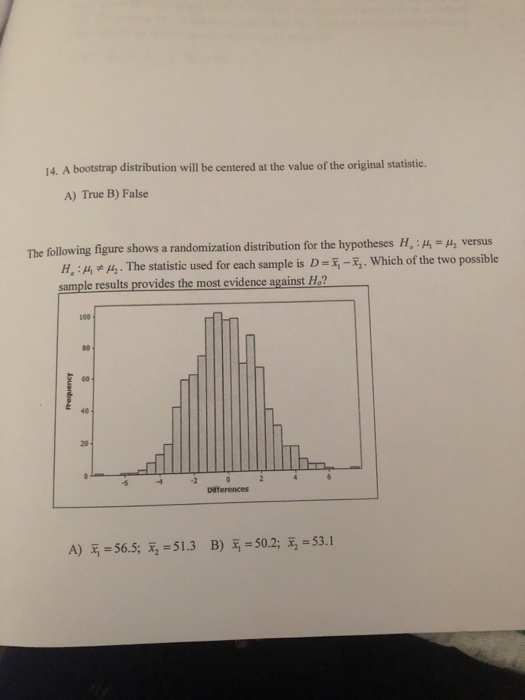 Solved 14. A bootstrap distribution will be centered at the | Chegg.com