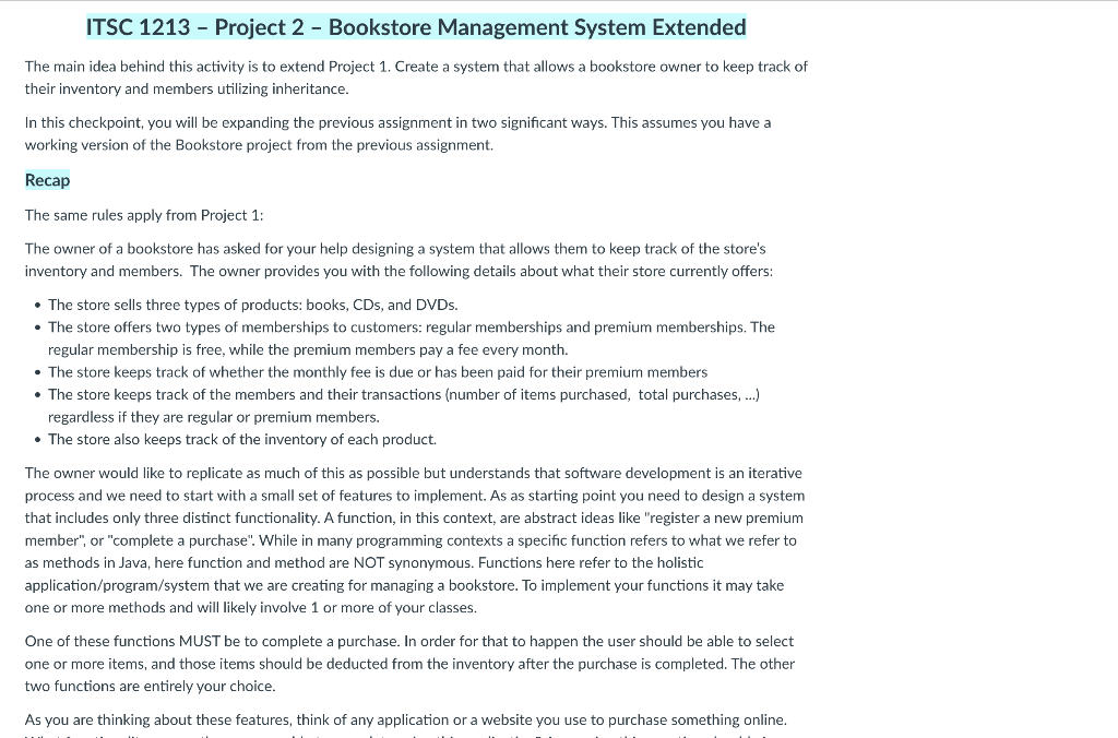 Solved ITSC 1213 - Project 2 - Bookstore Management System | Chegg.com