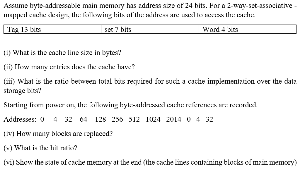 Solved Assume byte-addressable main memory has address size | Chegg.com