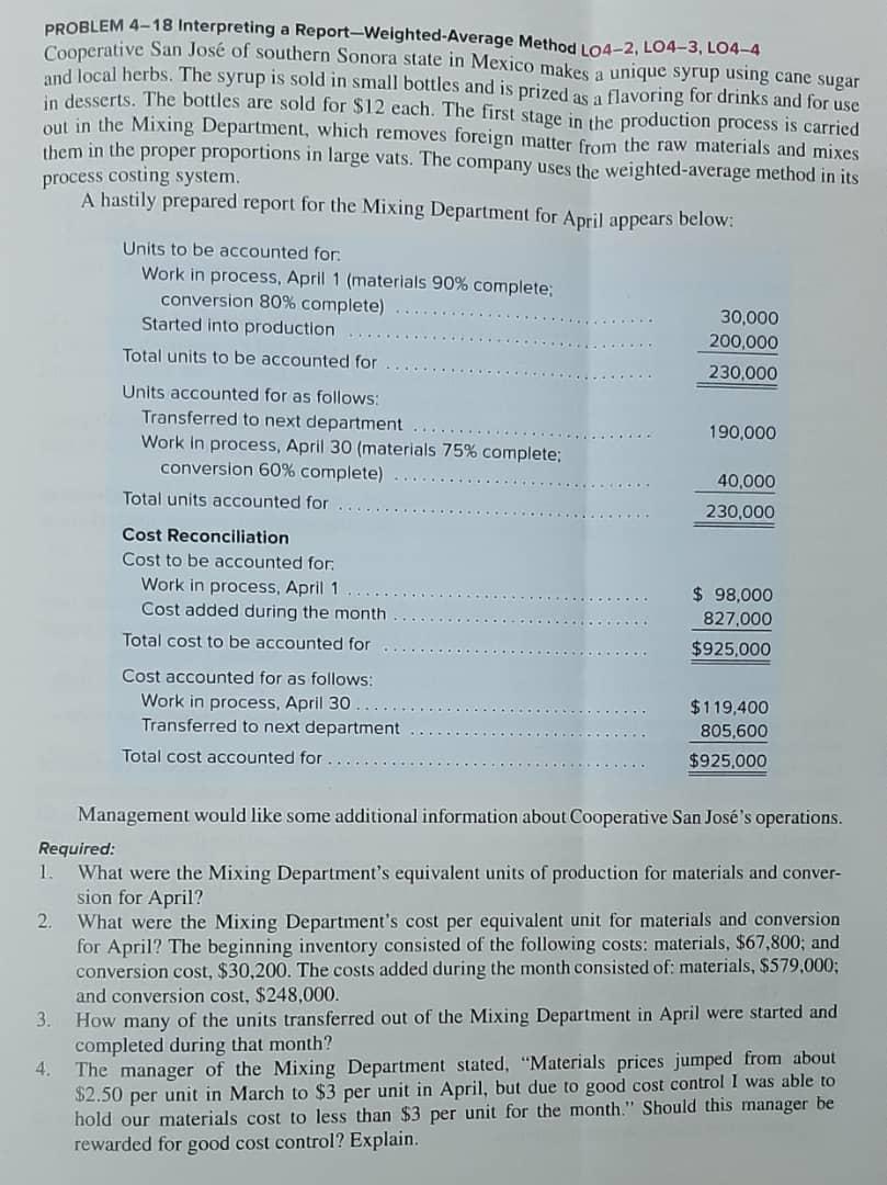 Solved PROBLEM 4-18 Interpreting a Report-Weighted-Average | Chegg.com
