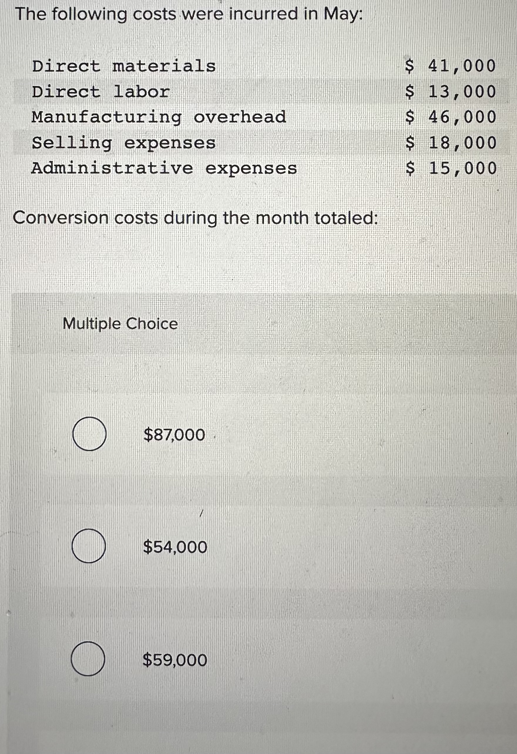 Solved The following costs were incurred in May: Conversion | Chegg.com