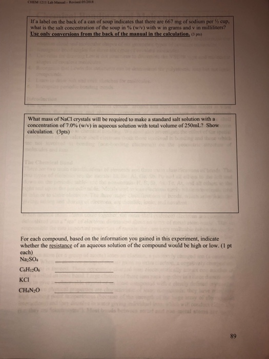 CHEM 1211 Lab Mamal- Revisod 03/2018 Determining Salt | Chegg.com