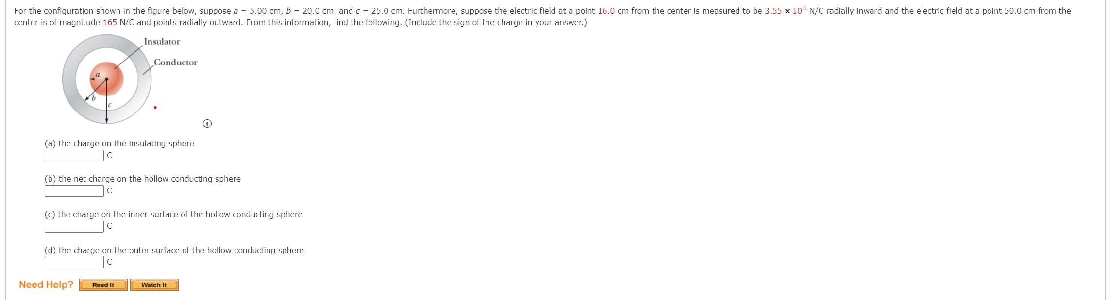 Solved center is of magnitude 165 N/C and points radially | Chegg.com