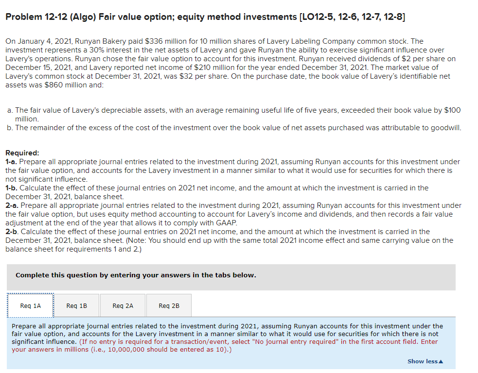 Solved Problem 12-12 (Algo) Fair value option; equity method | Chegg.com