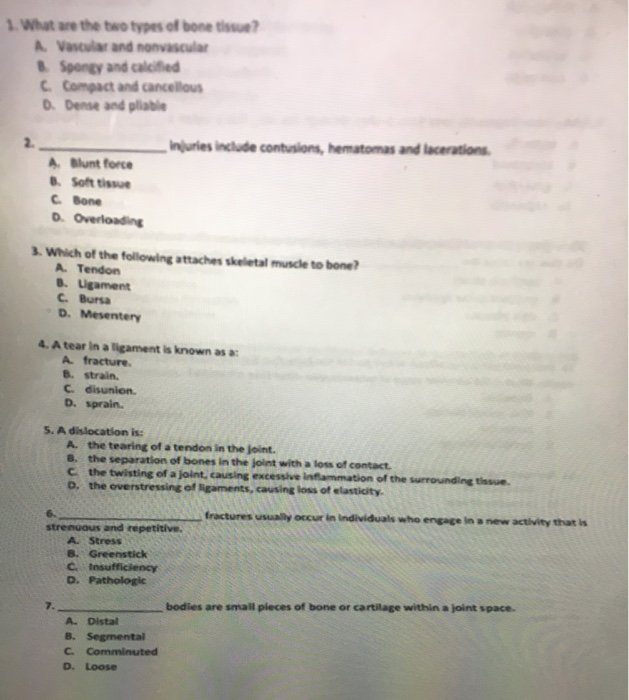 Solved 1. What are the two types of bone tissue? A. Vascular | Chegg.com