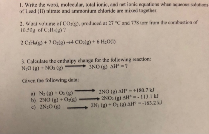 Solved 1. Write the word, molecular, total ionic, and net | Chegg.com