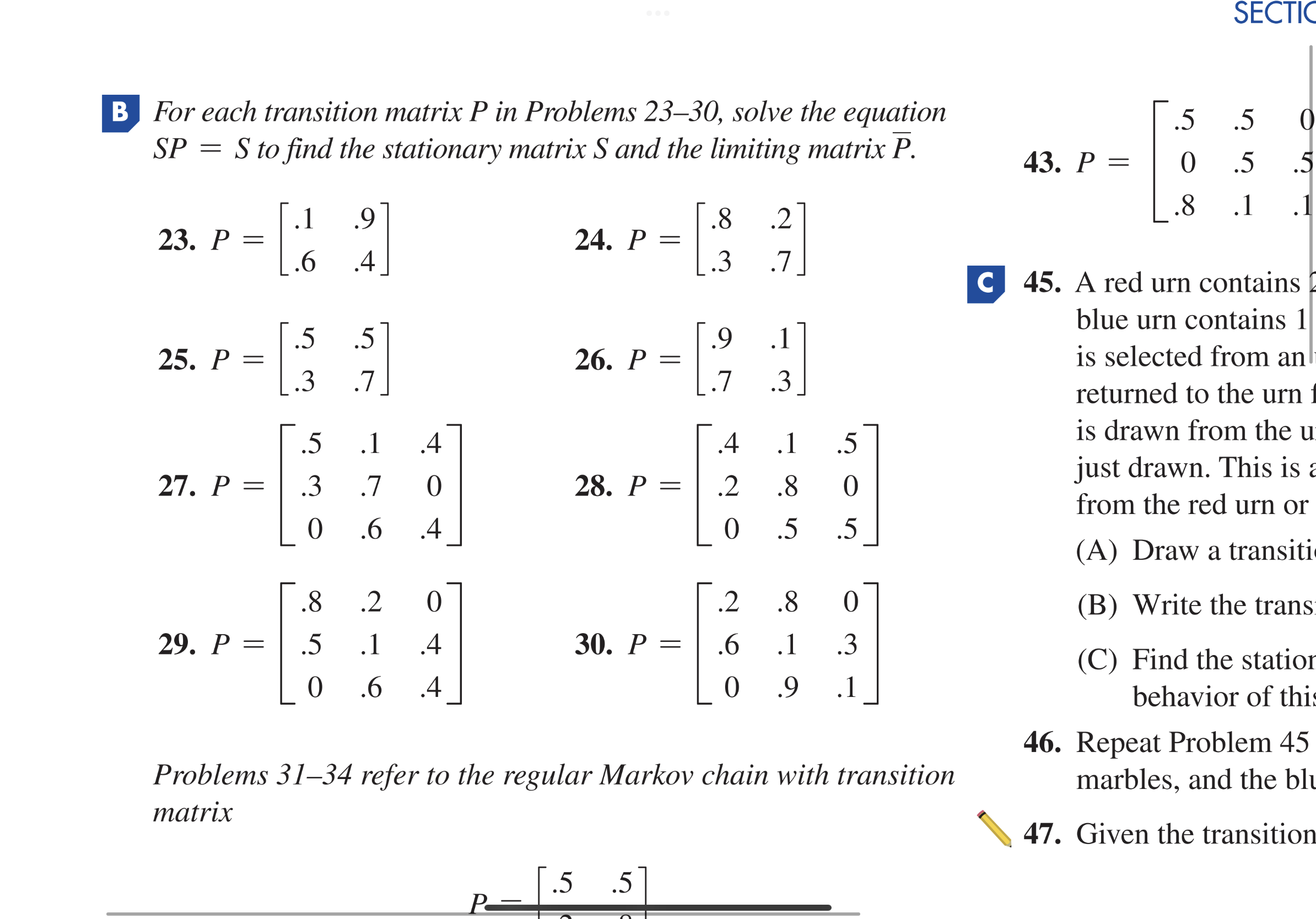 Solved For each transition matrix P in Problems 23-30, solve | Chegg.com