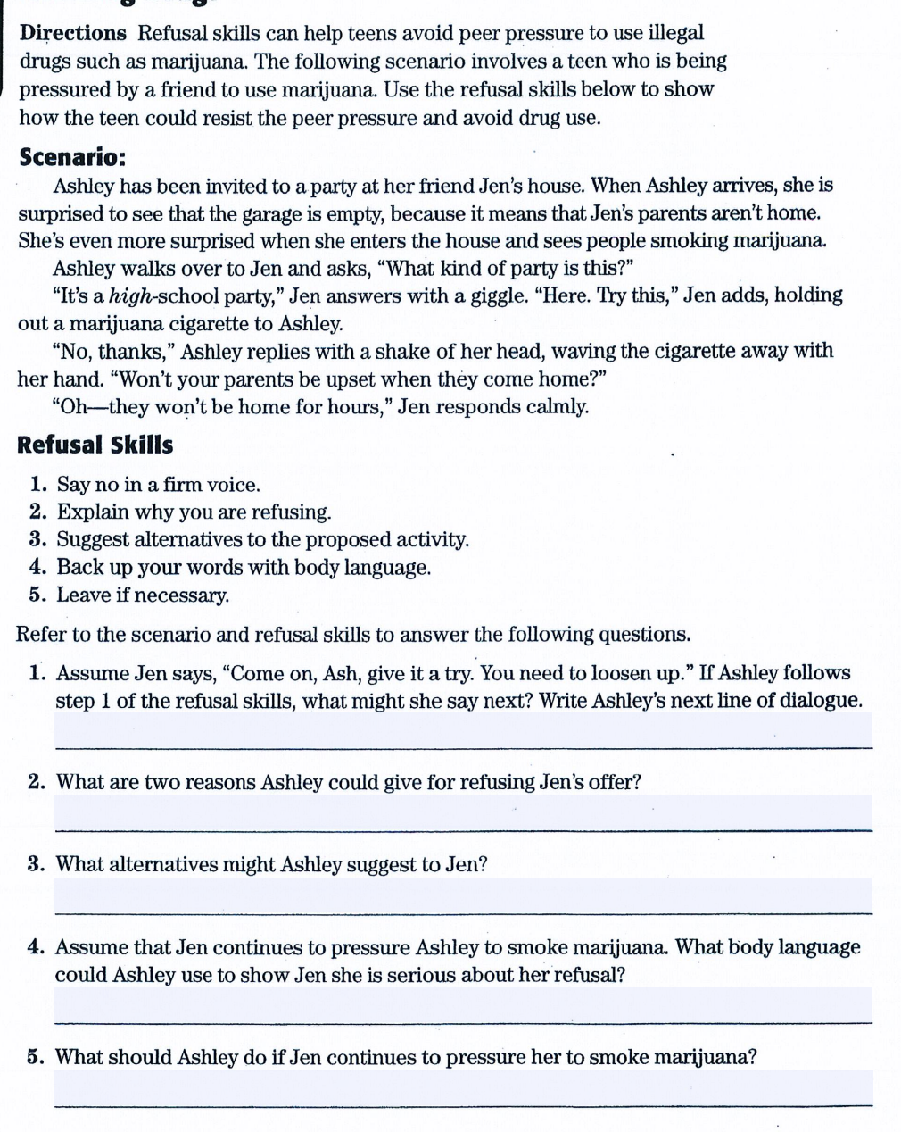 Solved Directions Refusal skills can help teens avoid peer | Chegg.com