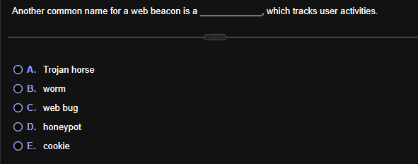 Solved Another common name for a web beacon is a , ﻿which | Chegg.com