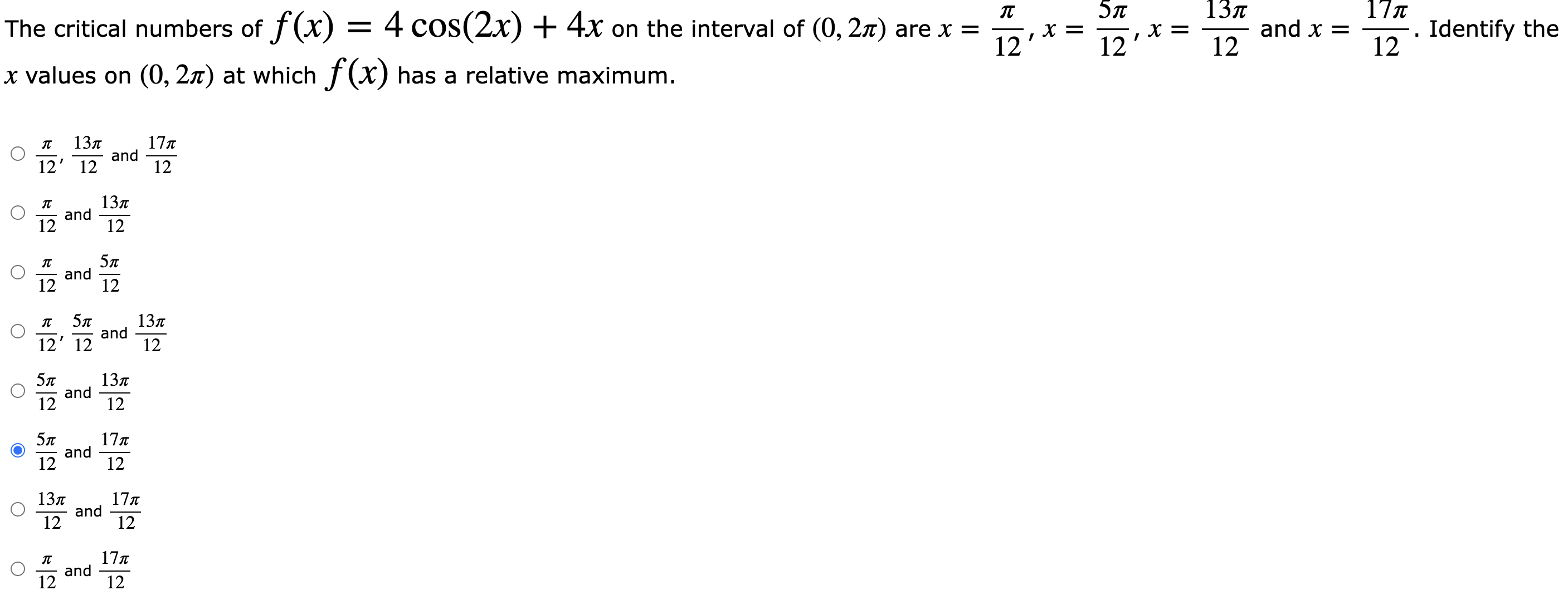 Solved The critical numbers of f(x)=4cos(2x)+4x on the | Chegg.com