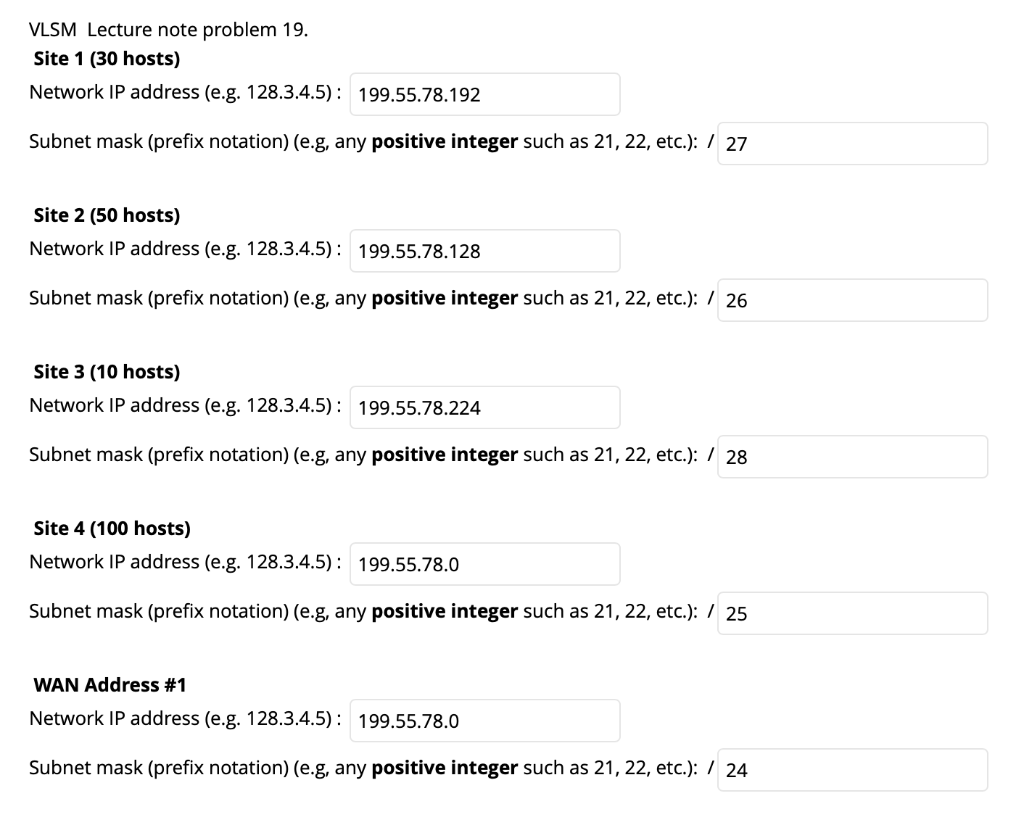 Solved VLSM Lecture note problem 19. Site 1 (30 hosts) | Chegg.com
