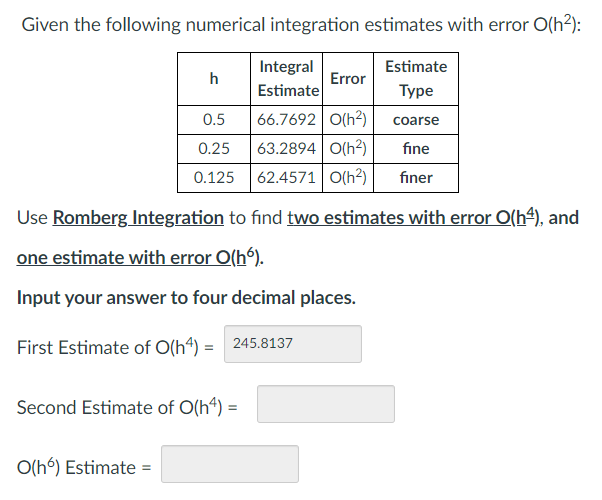 Solved Given the following numerical integration estimates | Chegg.com