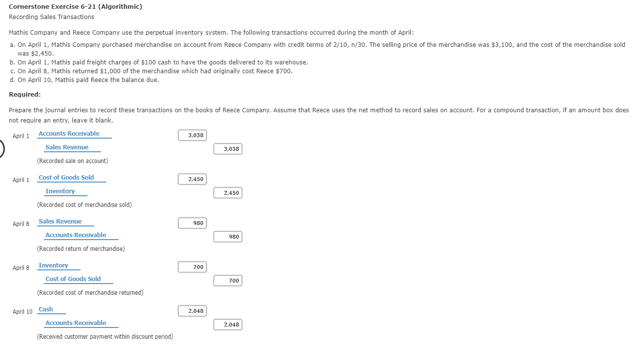 Solved Cornerstone Exercise 6-21 (Algorithmic) Recording | Chegg.com