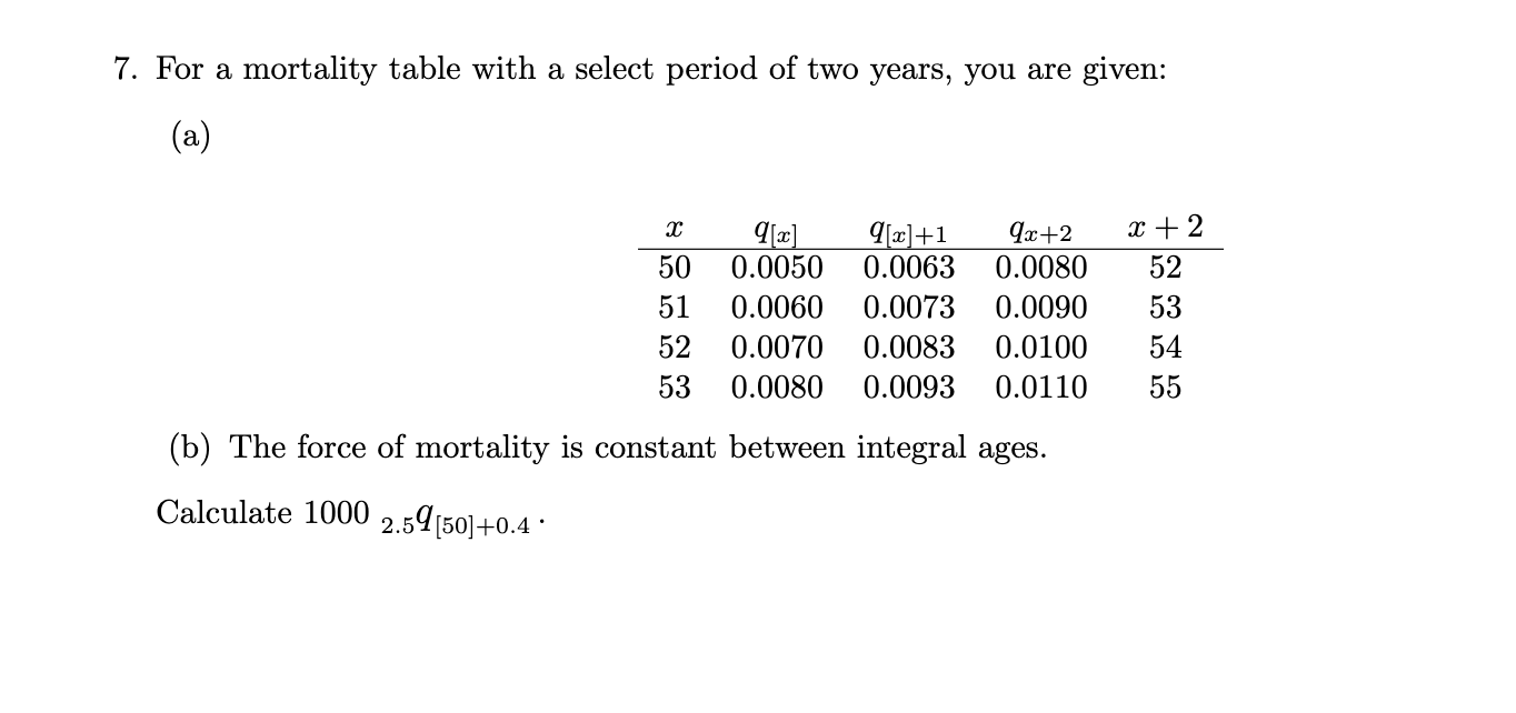 Solved 7. For a mortality table with a select period of two | Chegg.com
