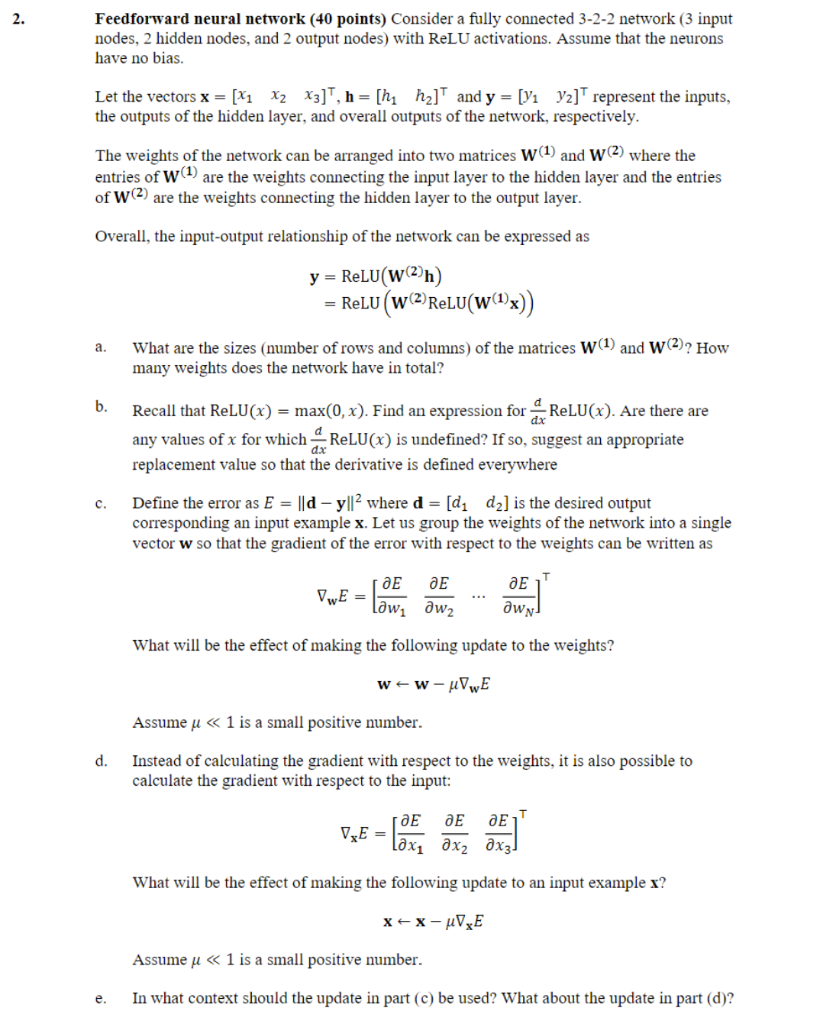 Feedforward neural network (40 points) Consider a | Chegg.com