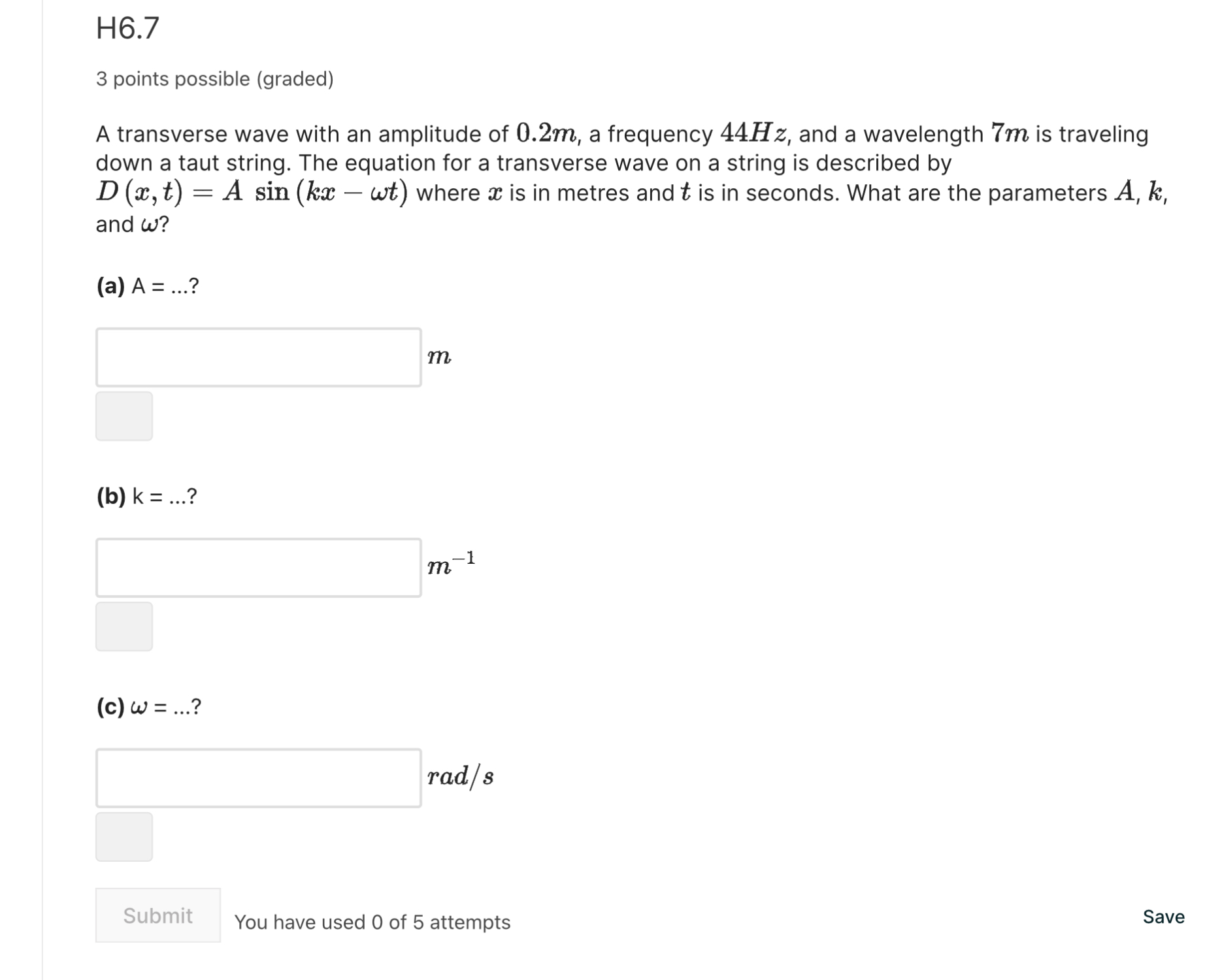 Solved H6.7 3 points possible (graded) A transverse wave | Chegg.com