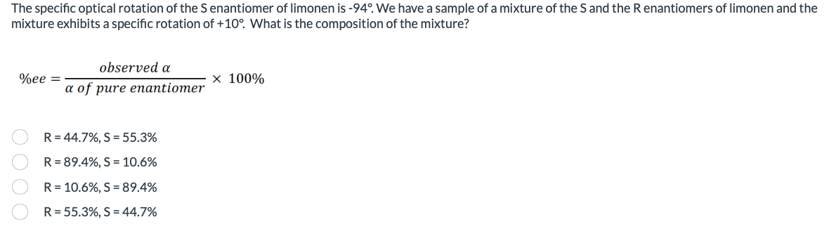 Solved The specific optical rotation of the S enantiomer of | Chegg.com