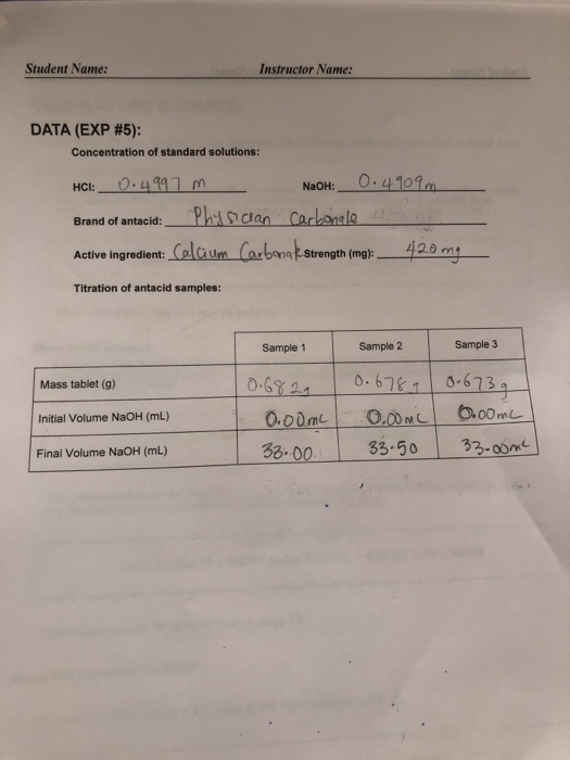 Student Name: Instructor Name: DATA (EXP #5): | Chegg.com